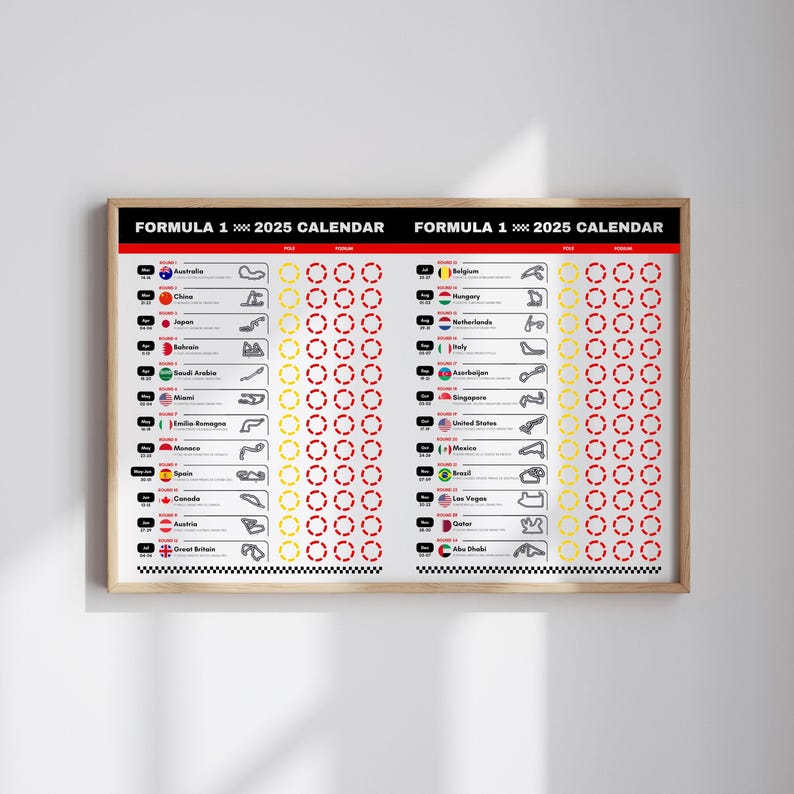 F1 Race Calendar Poster 2025, Formula 1 Digital Race Schedule Wall Art ...