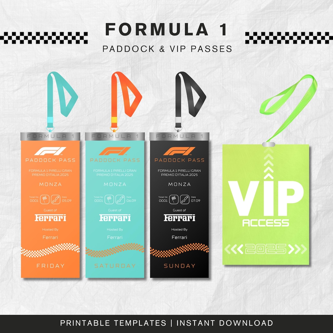 F1 Paddock Pass & VIP Ticket Template 2025, Editable Formula 1 Grand Prix Badge Lanyard ...