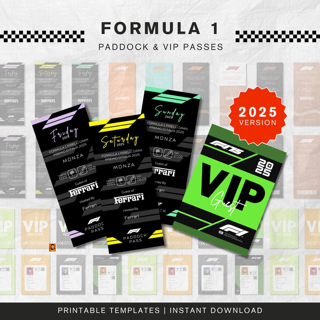 2025 F1 Paddock Pass VIP Ticket Lanyard, Formula 1 Grand Prix Badge Editable Template Printable ...