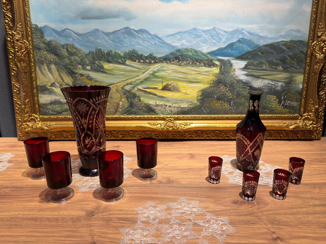 Antique Ruby Red Bohemian Glass Set, Hand-cut Crystal Decanter, Vase ...