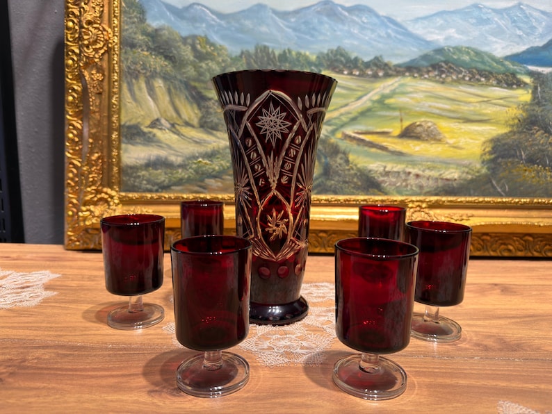 Antique Ruby Red Bohemian Glass Set, Hand-cut Crystal Decanter, Vase ...