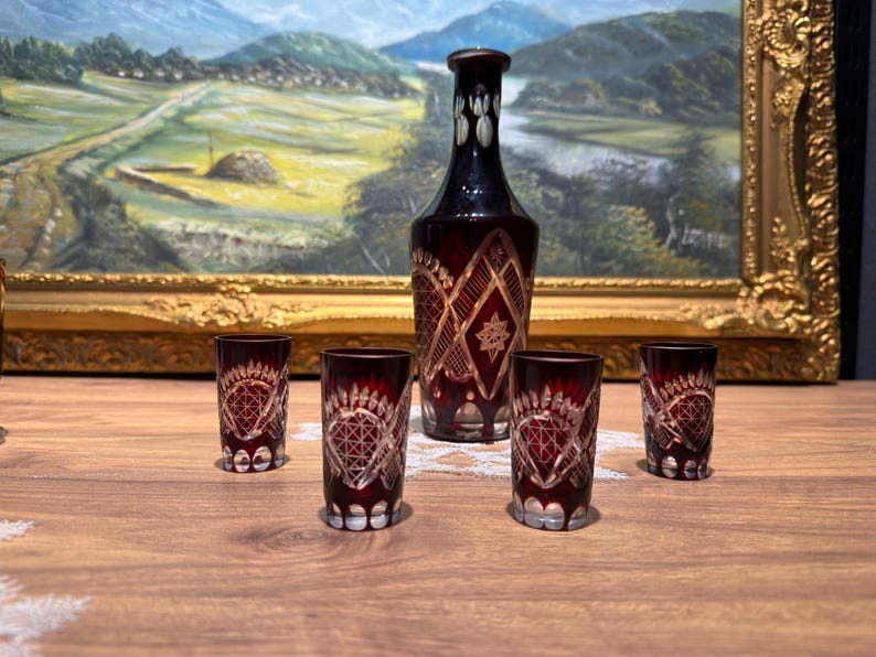 Antique Ruby Red Bohemian Glass Set, Hand-cut Crystal Decanter, Vase ...