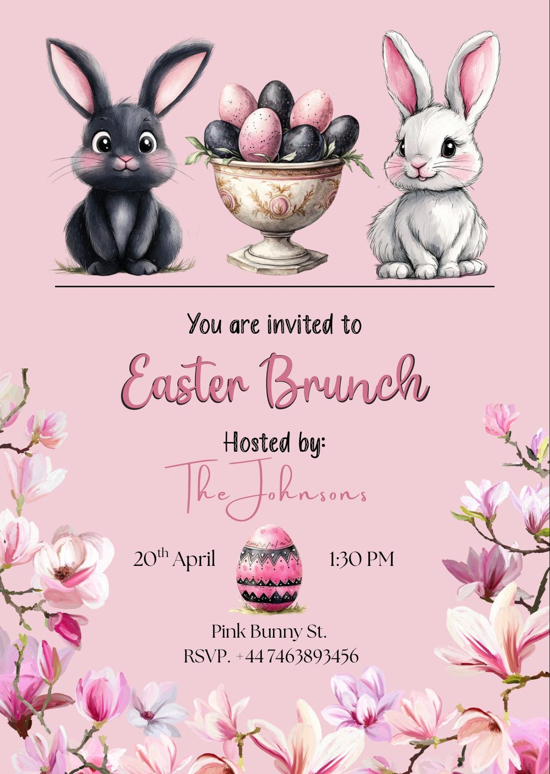 Pink & Black Easter Brunch Invitation | Digital Easter Invite | Elegant Easter Party | Bunny and ...