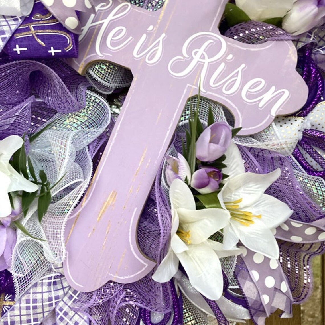 He is Risen Cross Easter Wreath, Religious Wreath, He is Risen Door ...