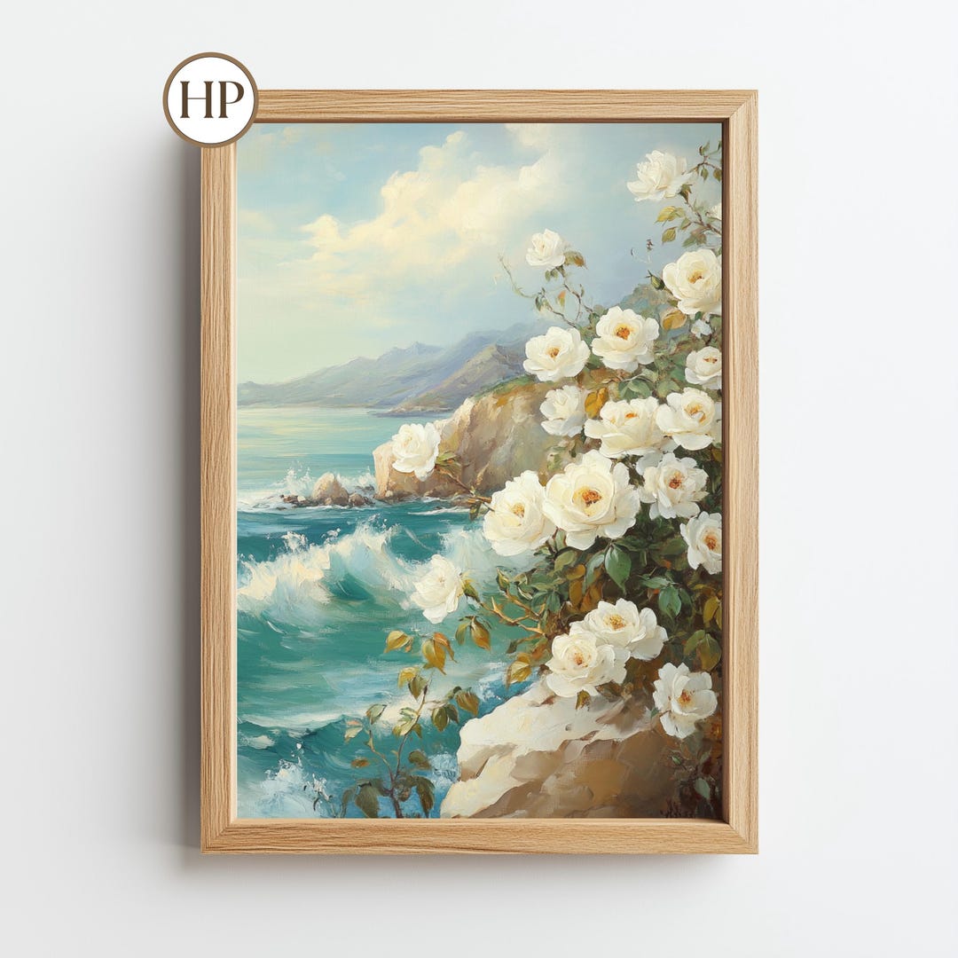 Seaside Roses Digital Art Print | Coastal Wall Art, Floral Ocean ...