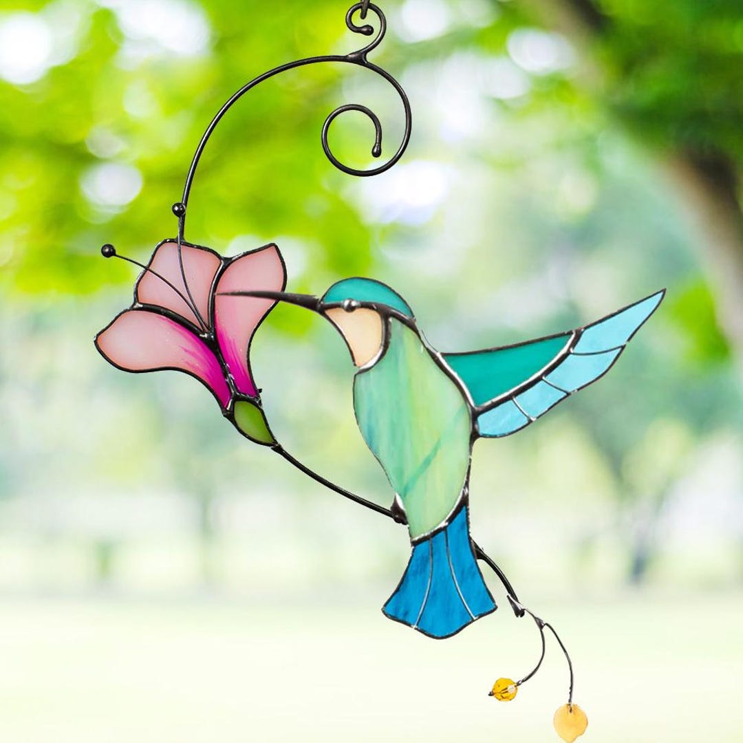 Glass Blue Bird Suncatcher With Flower - Unique Window & Wall Hanging ...