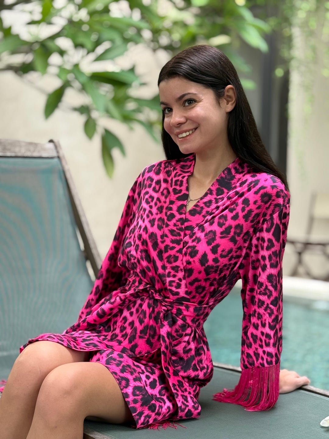 Pink Leopard Silk Kimono Robe With Fringe Sleeves - Etsy