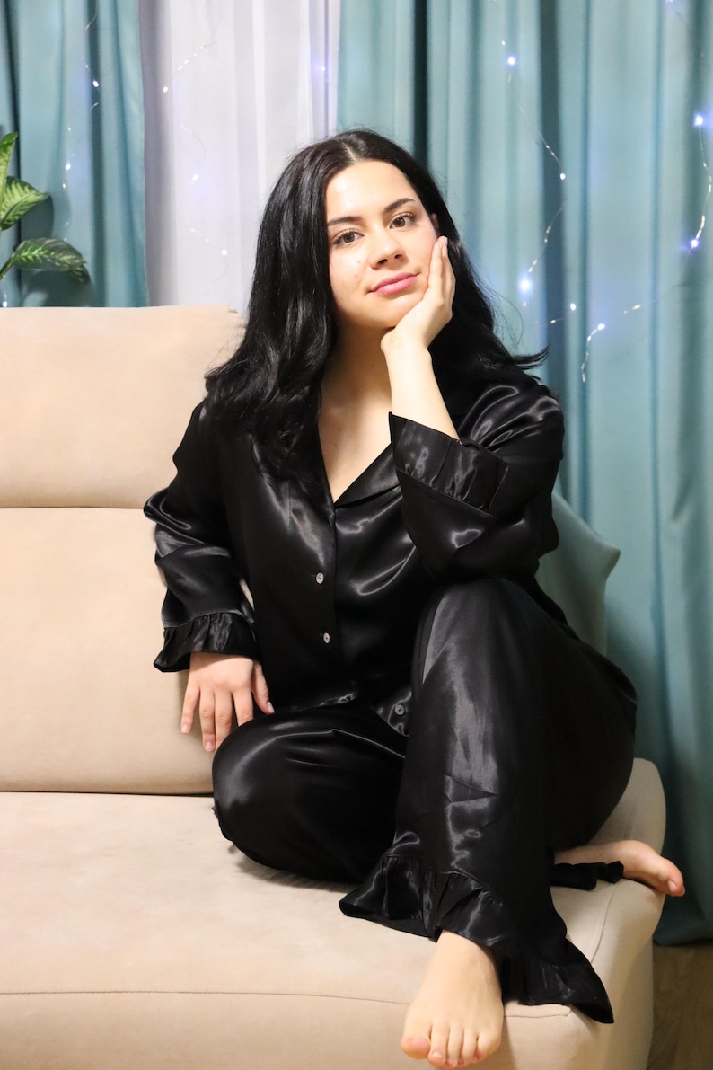 Black Silk Pajamas Set for Women, Custom Pajama, Sleepwear Set ...