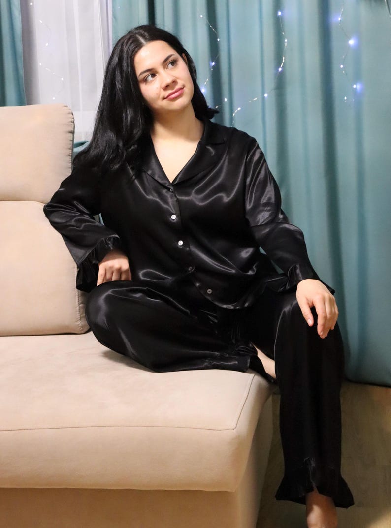 Black Silk Pajama Set: Women's Long Sleeve Sleepwear, Custom Fit - Etsy ...