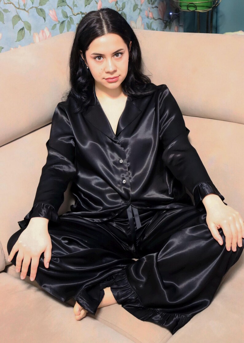 Black Silk Pajamas Set for Women, Custom Pajama, Sleepwear Set ...