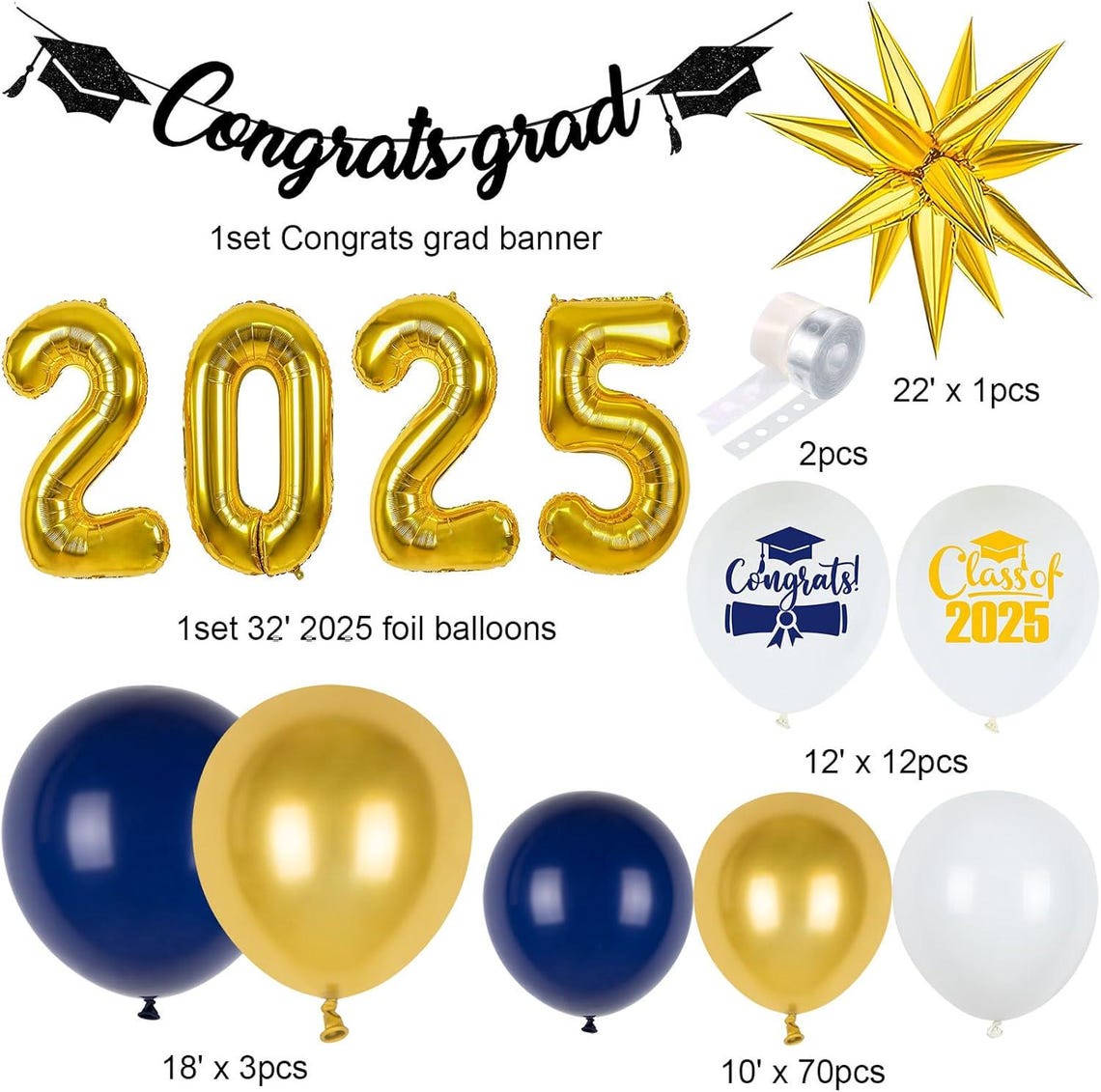 Graduation Balloon Arch Garland Kit 2025, 18" 10" Blue Gold Balloons ...
