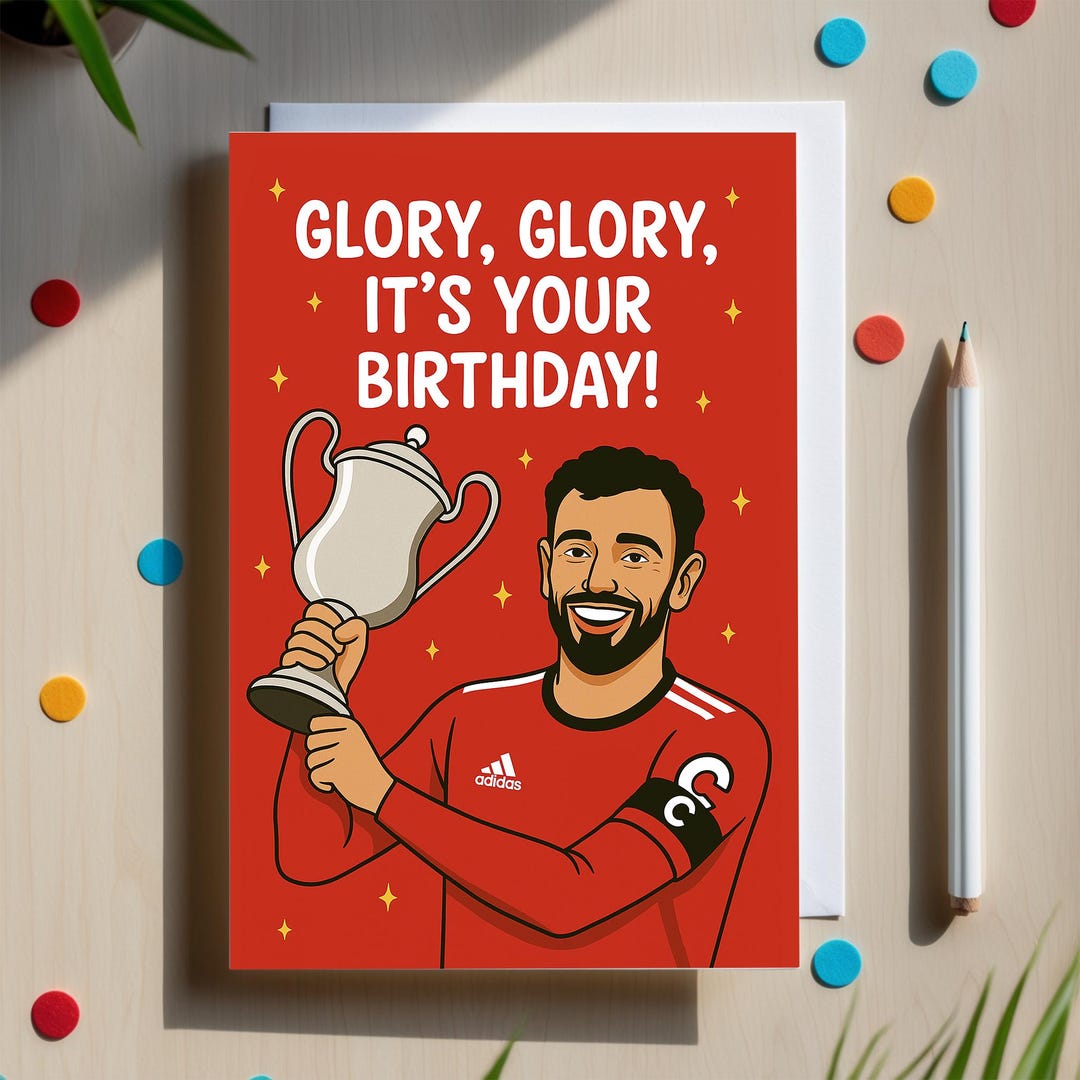 Manchester Utd Birthday Card Featuring Bruno Fernandes Holding Trophy ...