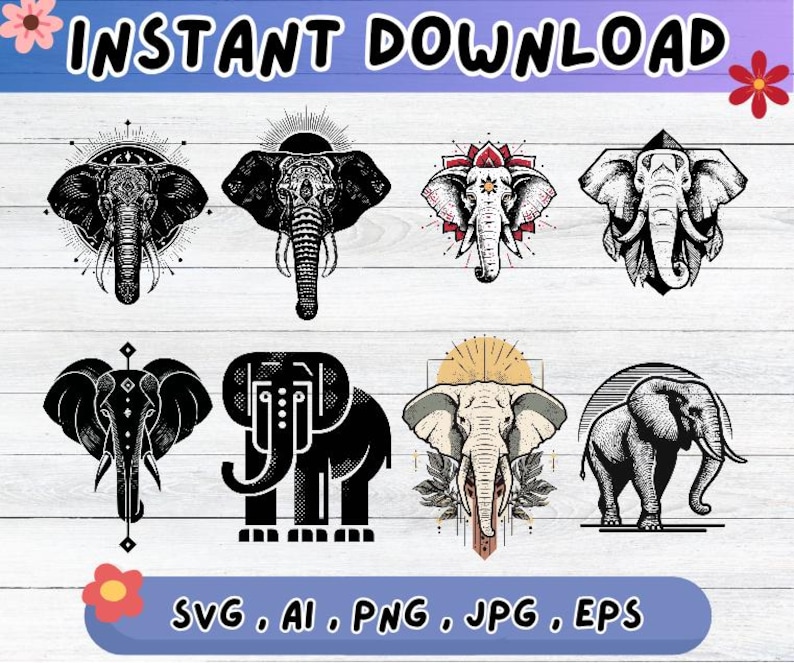 Elephant SVG Clipart Bundle: Vector Cut Files for DIY Crafts (digital ...