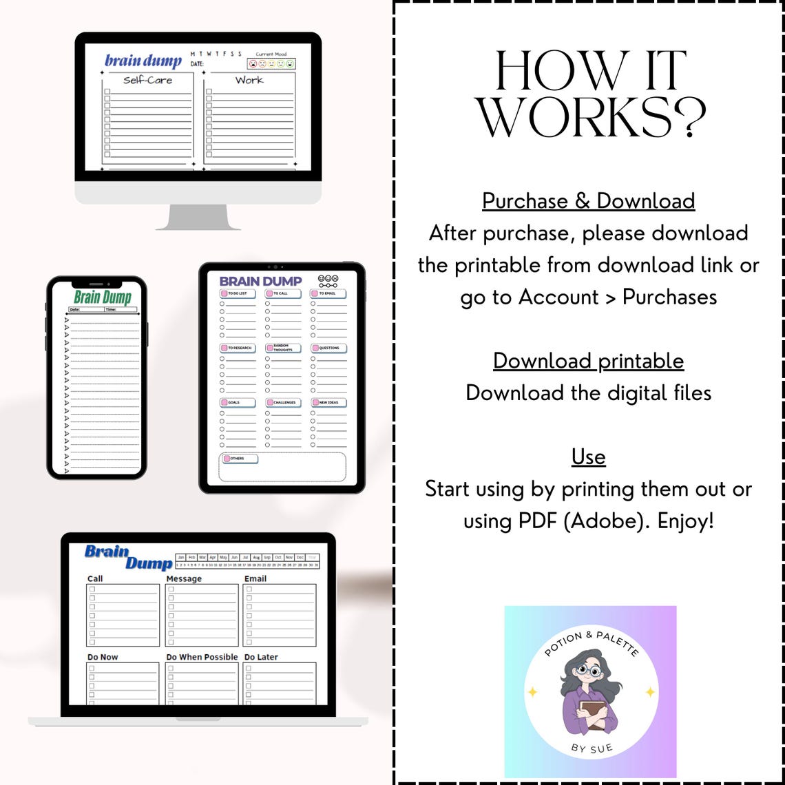 Brain Dump Worksheet – Digital & Printable Brain Dumping Template to ...