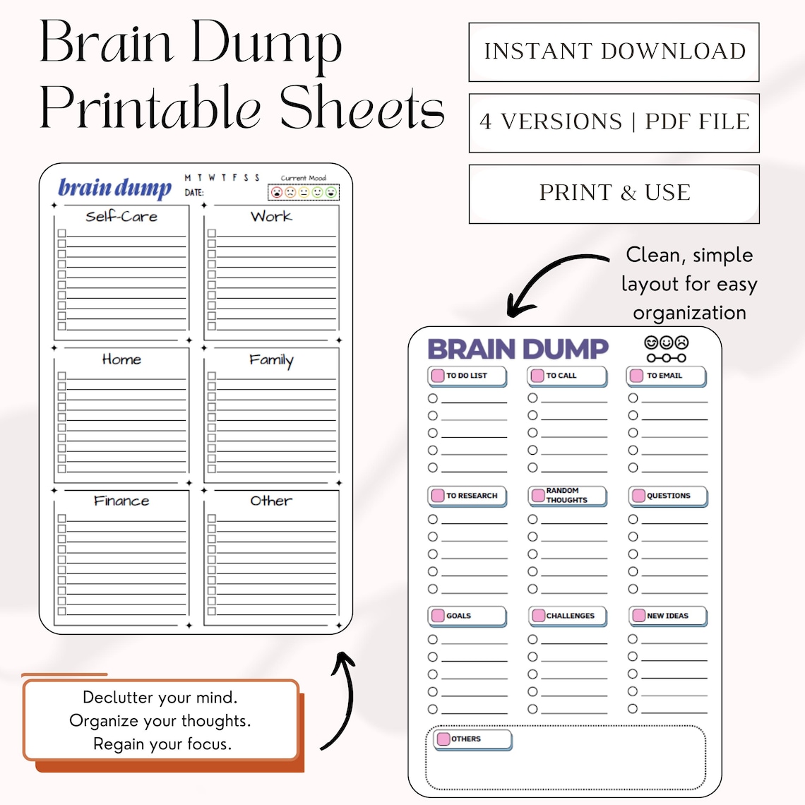 Brain Dump Worksheet – Digital & Printable Brain Dumping Template to ...