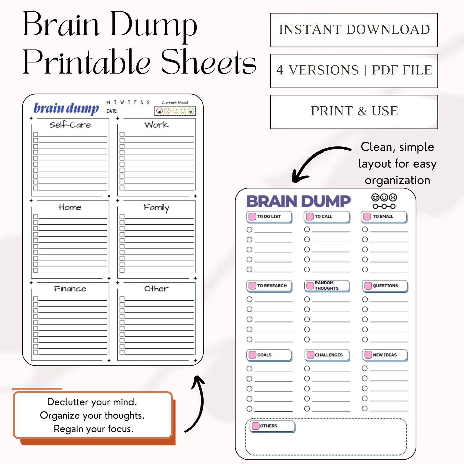 Brain Dump Worksheet – Digital & Printable Brain Dumping Template to ...