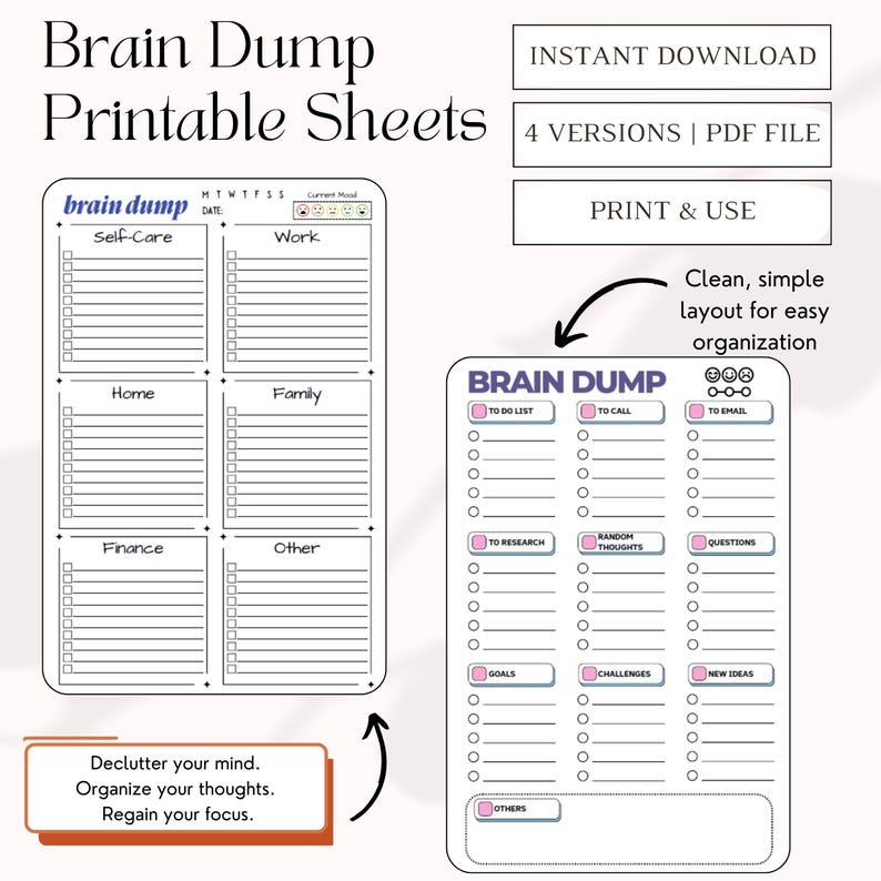 Brain Dump Worksheet – Digital & Printable Brain Dumping Template to ...