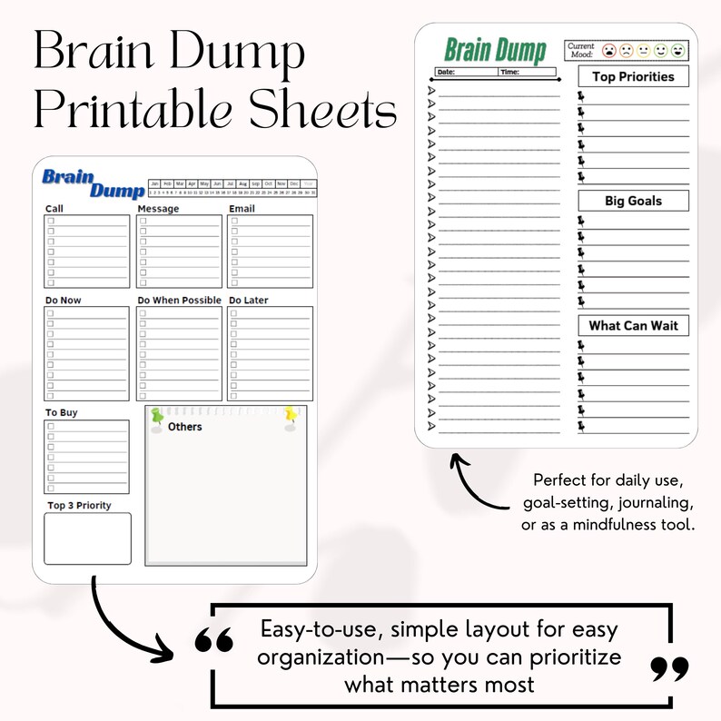 Brain Dump Worksheet – Digital & Printable Brain Dumping Template to ...