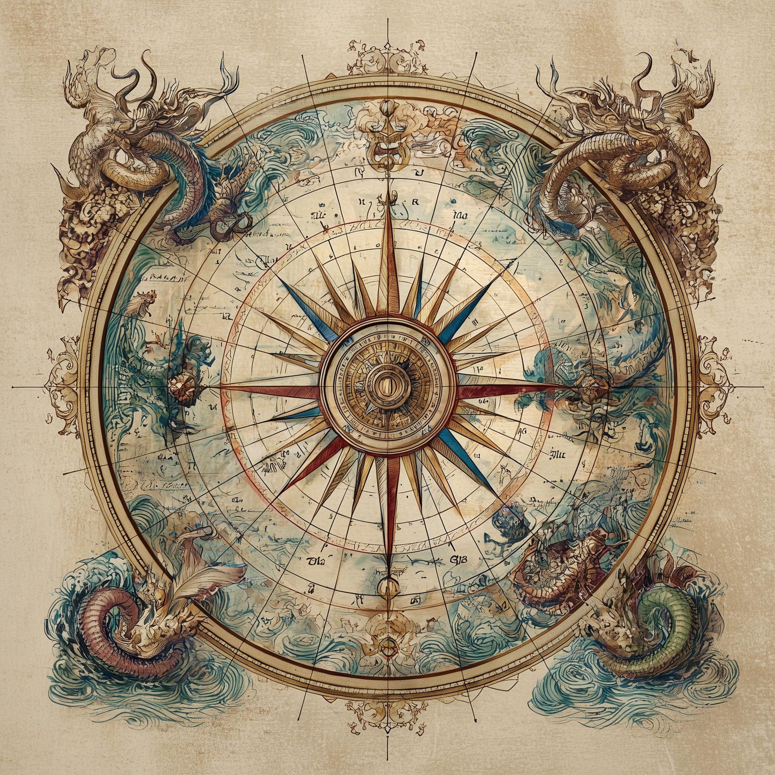 Vintage Nautical Compass Rose Art Print: Fantasy Sea Map (digital ...