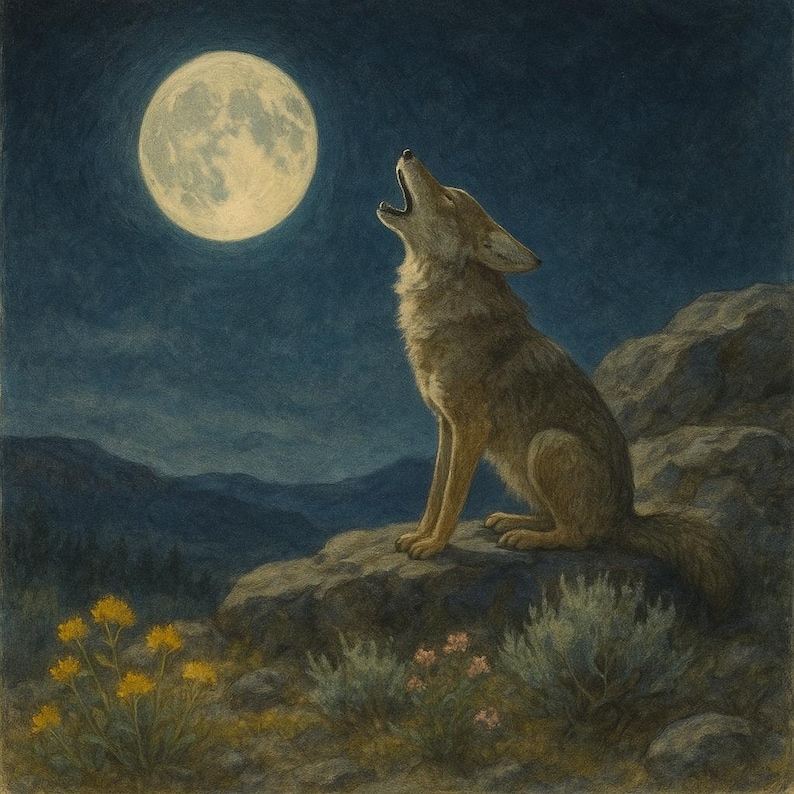 Coyote Howling at Moon Art Print: Southwestern Desert Wildlife (digital ...