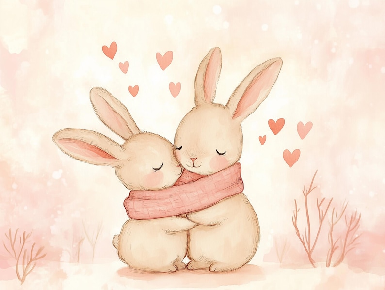 Watercolor Rabbit Couple Clipart: Valentine's Day Love Art (digital ...