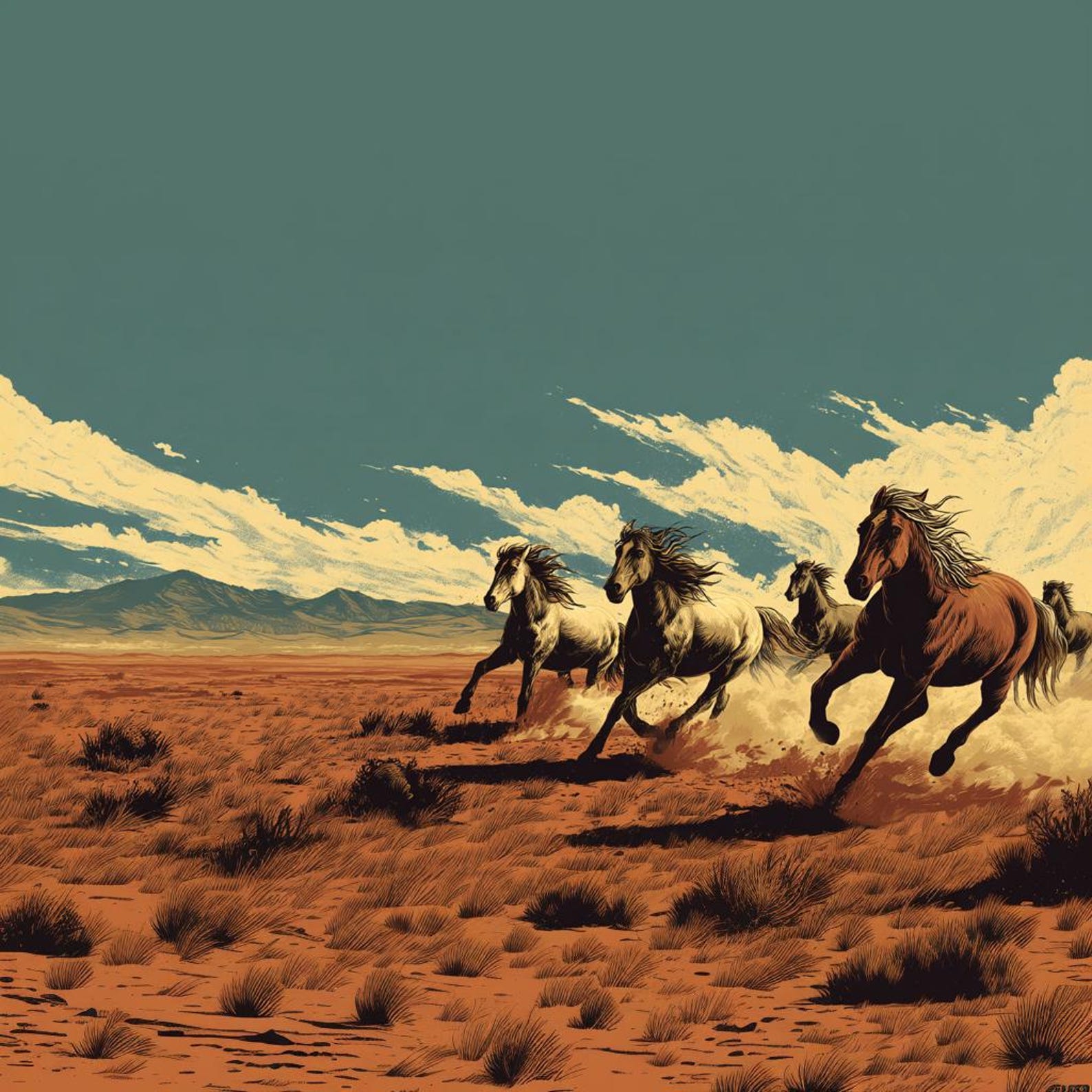 Wild Horses Running Digital Download – Retro Western Horse Wall Art, Desert Stampede Printable ...