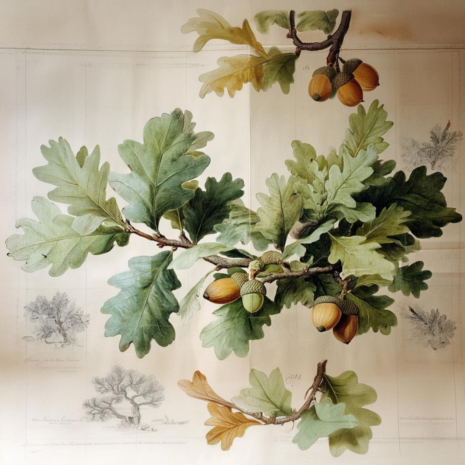 Vintage Oak Tree Botanical Print Digital Download – Acorn Branch ...