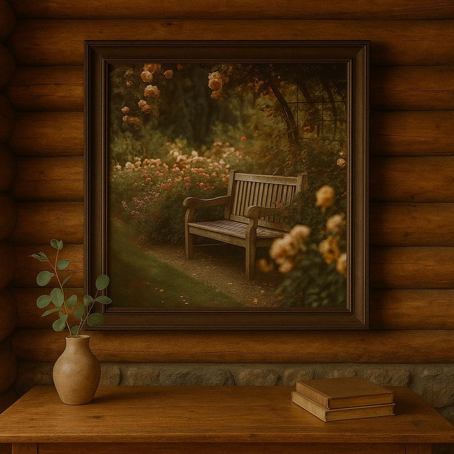 Cottagecore Garden Bench Print: Vintage Floral Rose Decor (digital ...