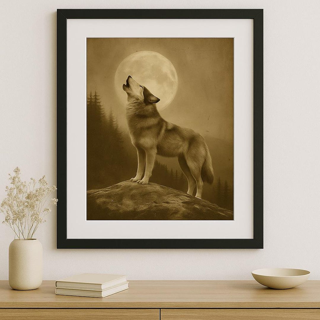 Howling Wolf Under Moon Print: Vintage Wildlife Art (digital Download ...