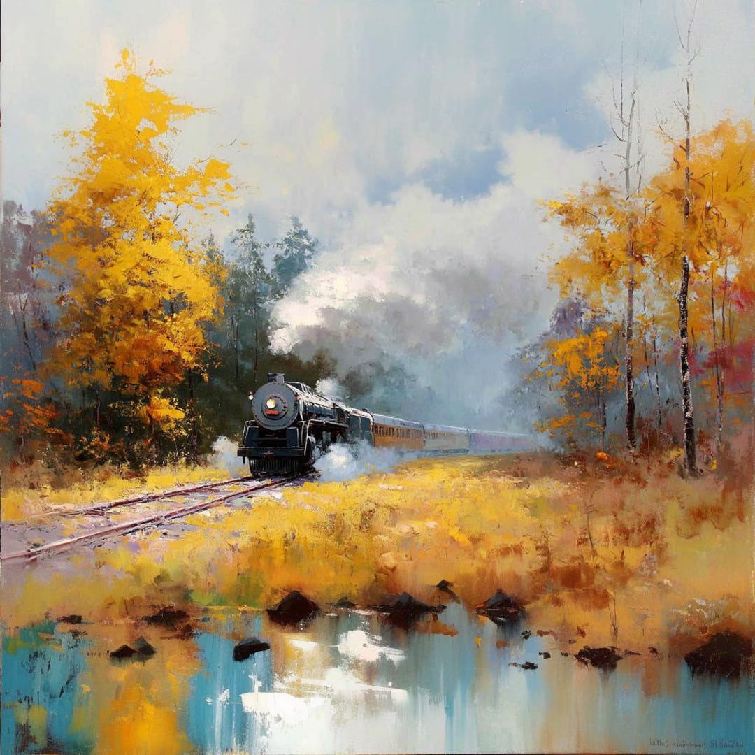 Vintage Autumn Train Digital Download – Steam Locomotive Oil Painting ...