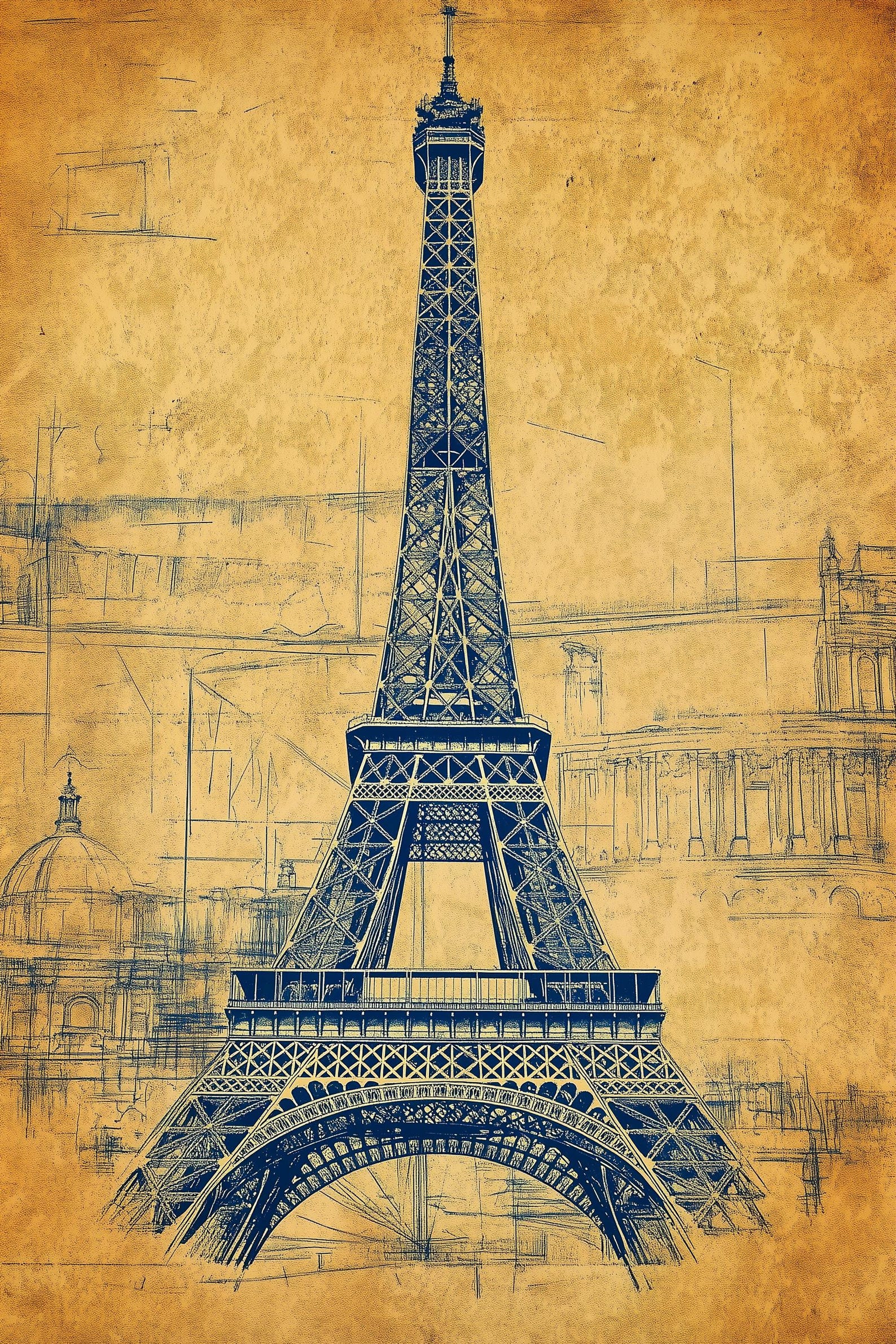 Eiffel Tower Blueprint: Vintage Paris Architecture Art (digital ...