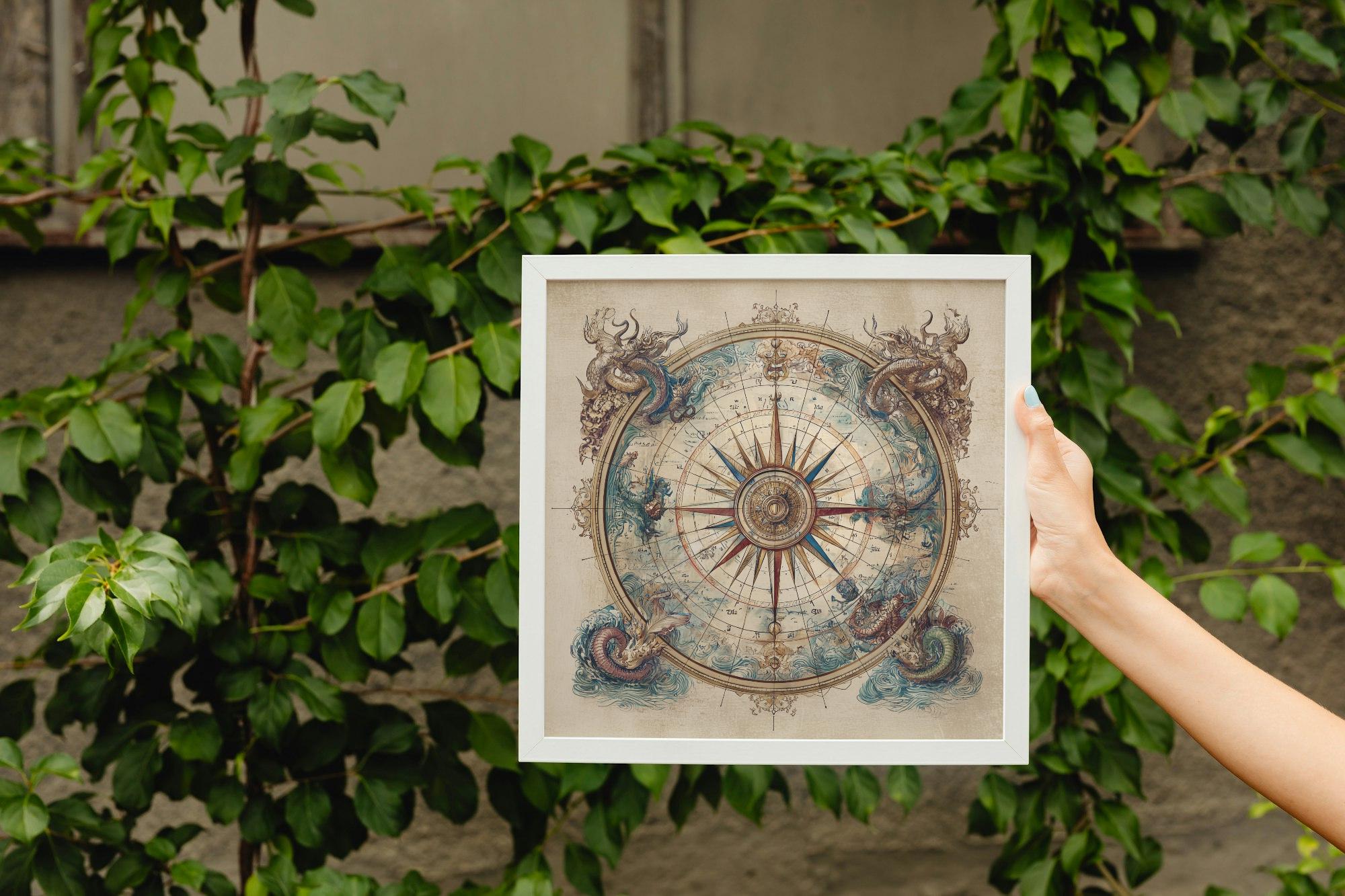 Vintage Nautical Compass Rose Art Print: Fantasy Sea Map (digital ...