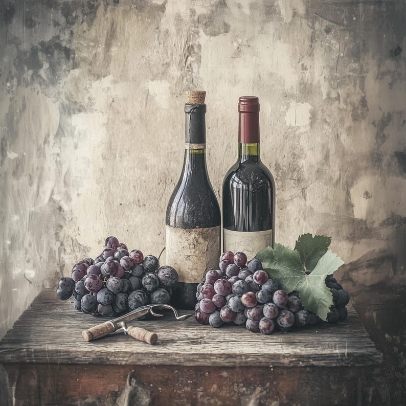 Vintage Wine Still Life Art Print: Rustic French Kitchen Decor (digital ...
