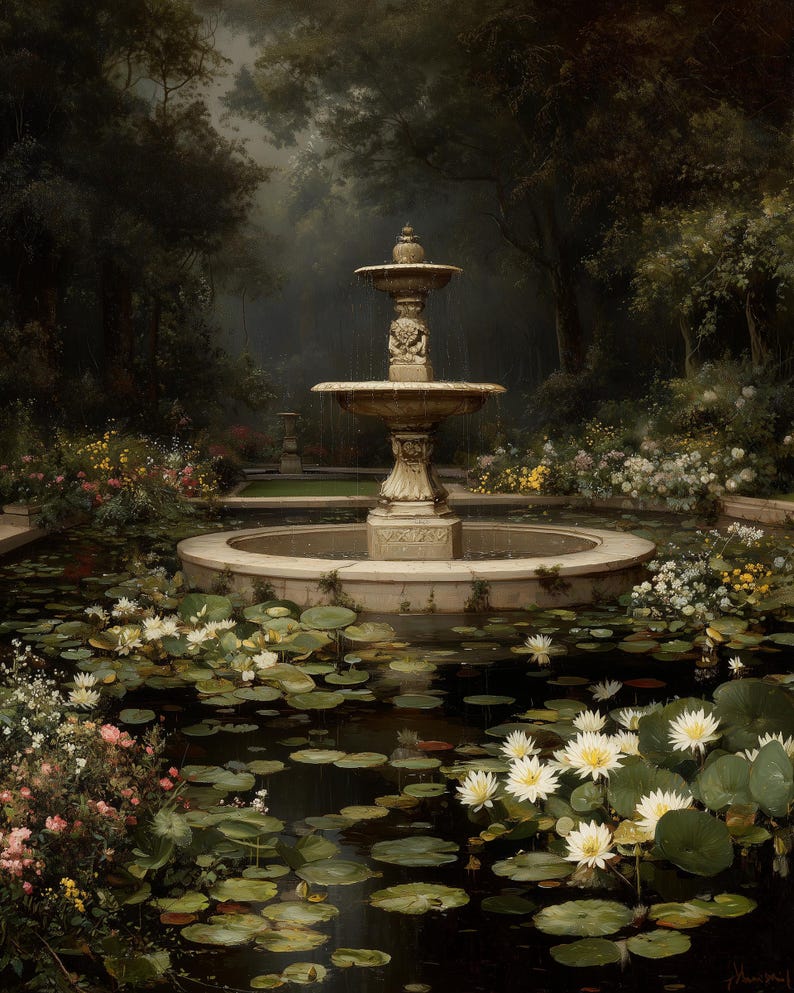 Vintage Garden Fountain Art Print: Botanical Water Lily Pond (digital ...