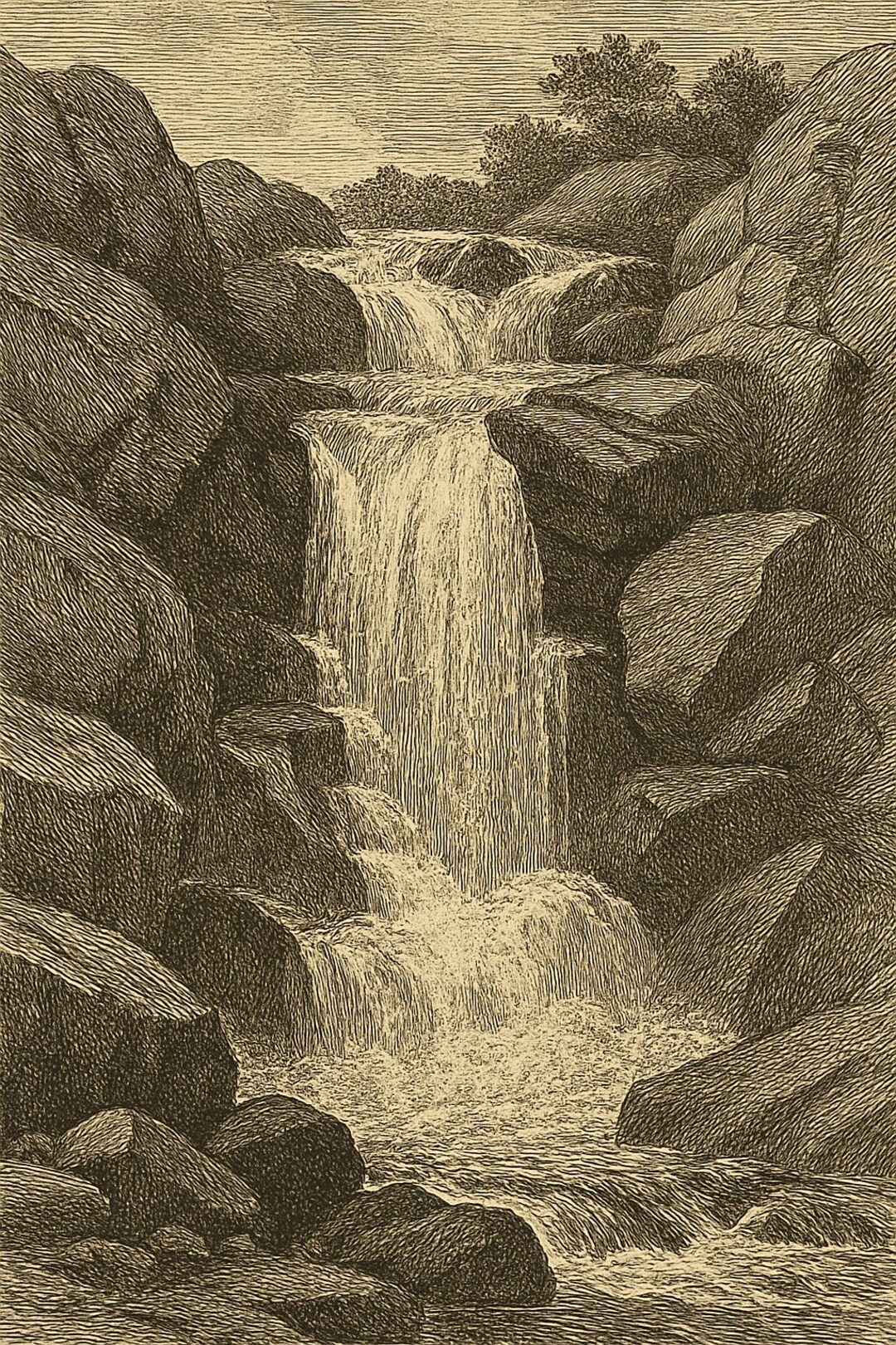Antique Waterfall Engraving Art: Vintage Landscape Print (digital ...