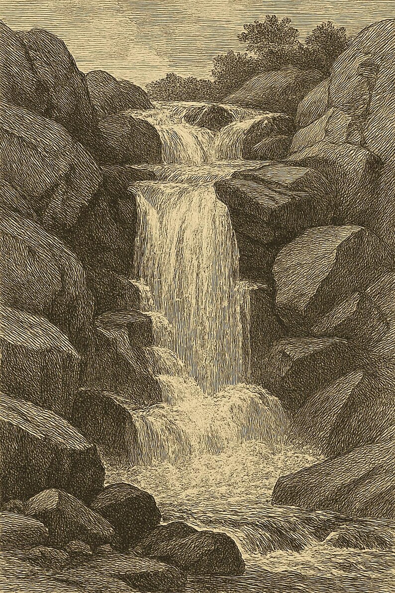 Antique Waterfall Engraving Art: Vintage Landscape Print (digital ...