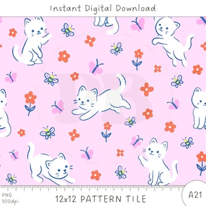 Seamless Cute Cat Digital Paper Pattern - Pink Nursery and Kids ...