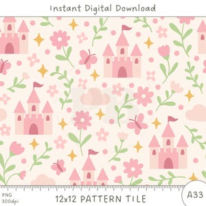Pink Princess Castle Seamless Pattern: Fairytale Nursery (digital ...