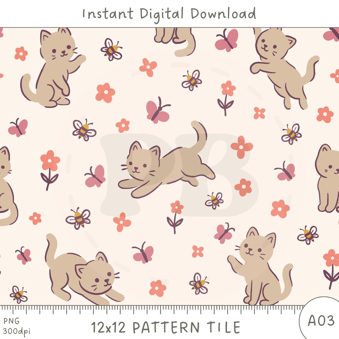 Kawaii Cute Cat Seamless Pattern PNG, Pastel Kitten Floral Digital ...