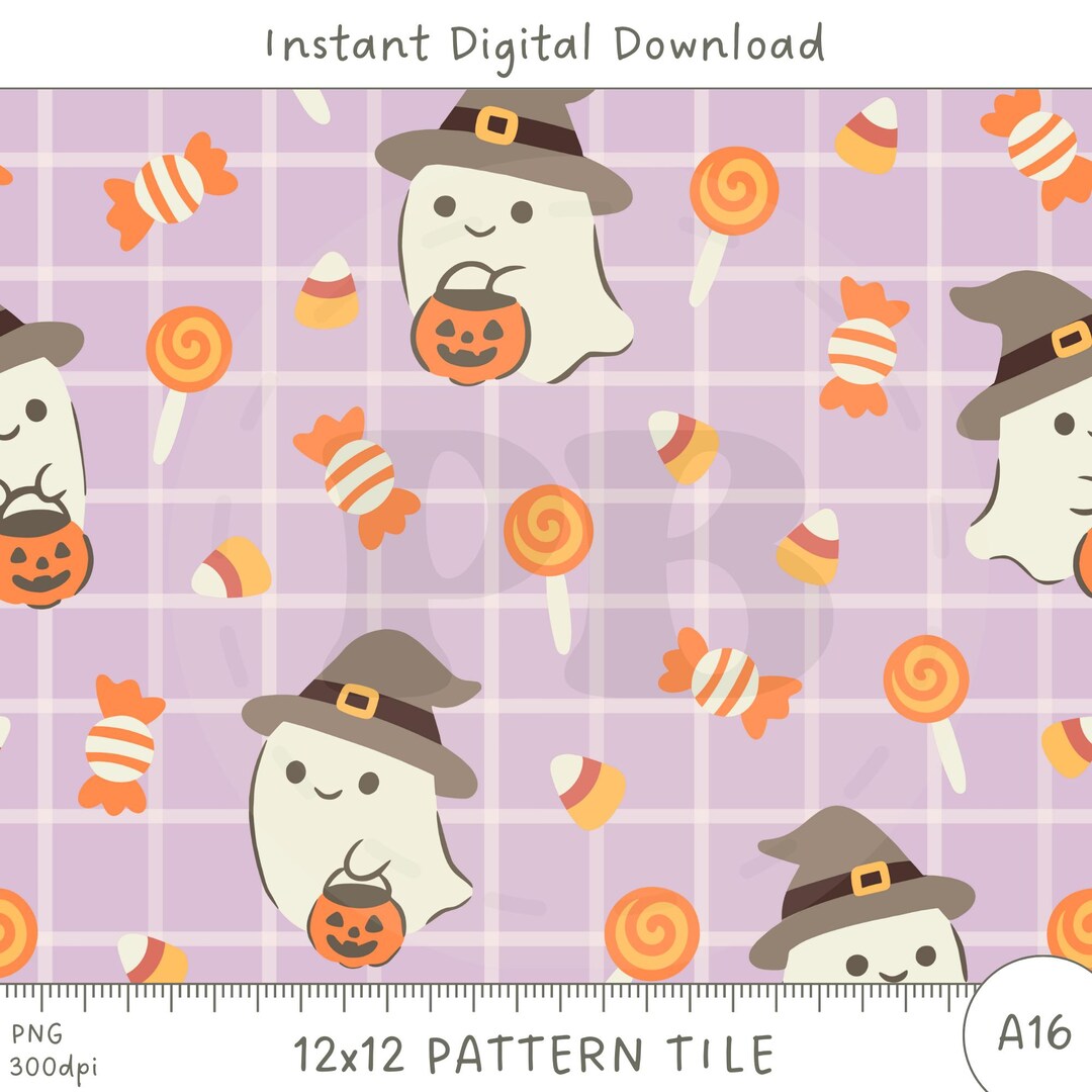 Kawaii Halloween Ghost Seamless Pattern File: Pastel Candy, Lilac ...