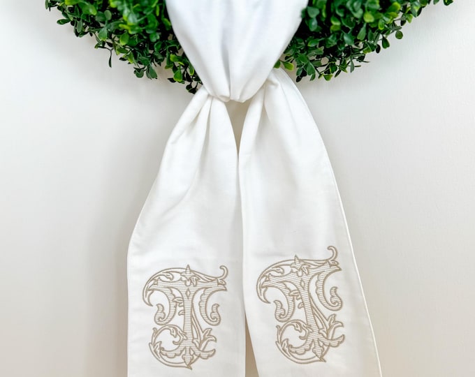 Custom Embroidered Monogrammed Linen Wreath Sash Vintage Vine Single ...
