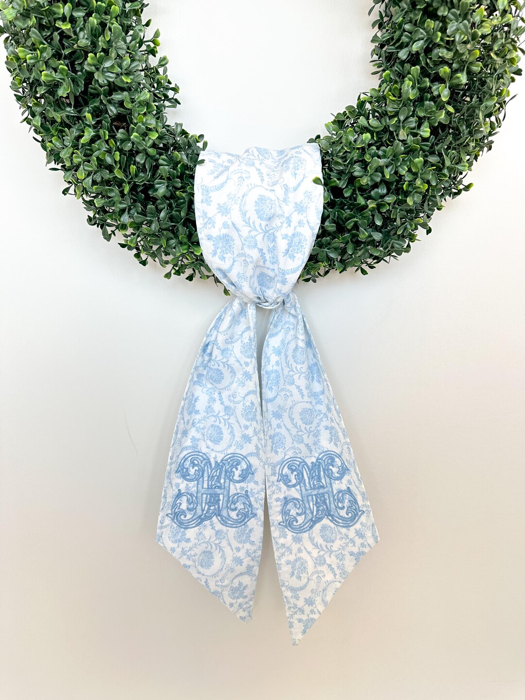Vintage Blue Floral Wreath Sash, Embroidered Initial Door Hanger - Etsy
