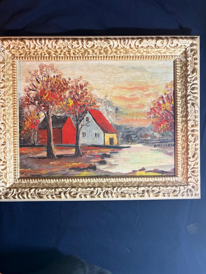 Vintage Farmhouse Landscape Oil Painting: Signed Mary Jansen, Rustic ...