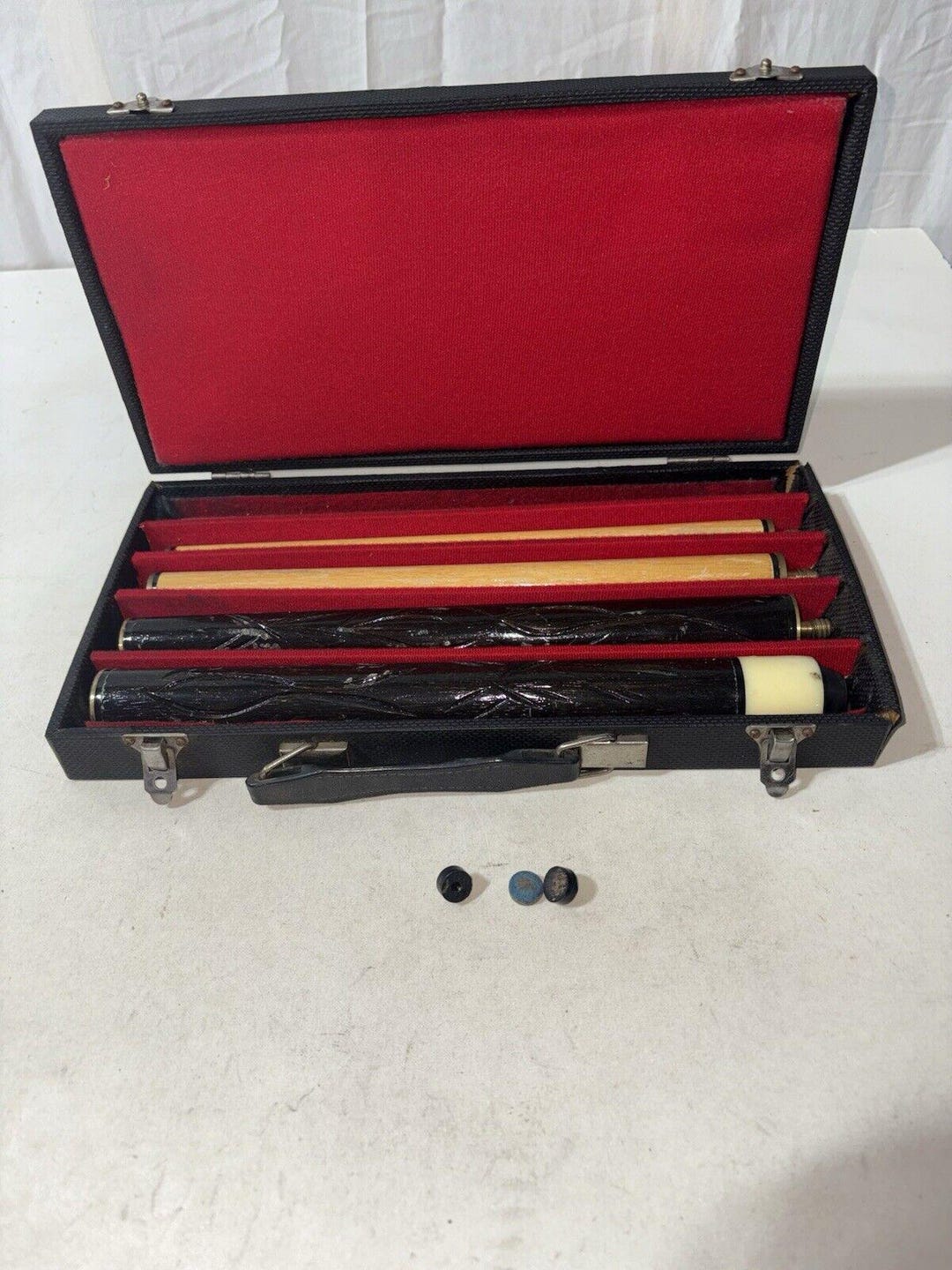 Vintage 5 Pieces Wood Carved Pool Cue W/brass Connections Felt Lined ...