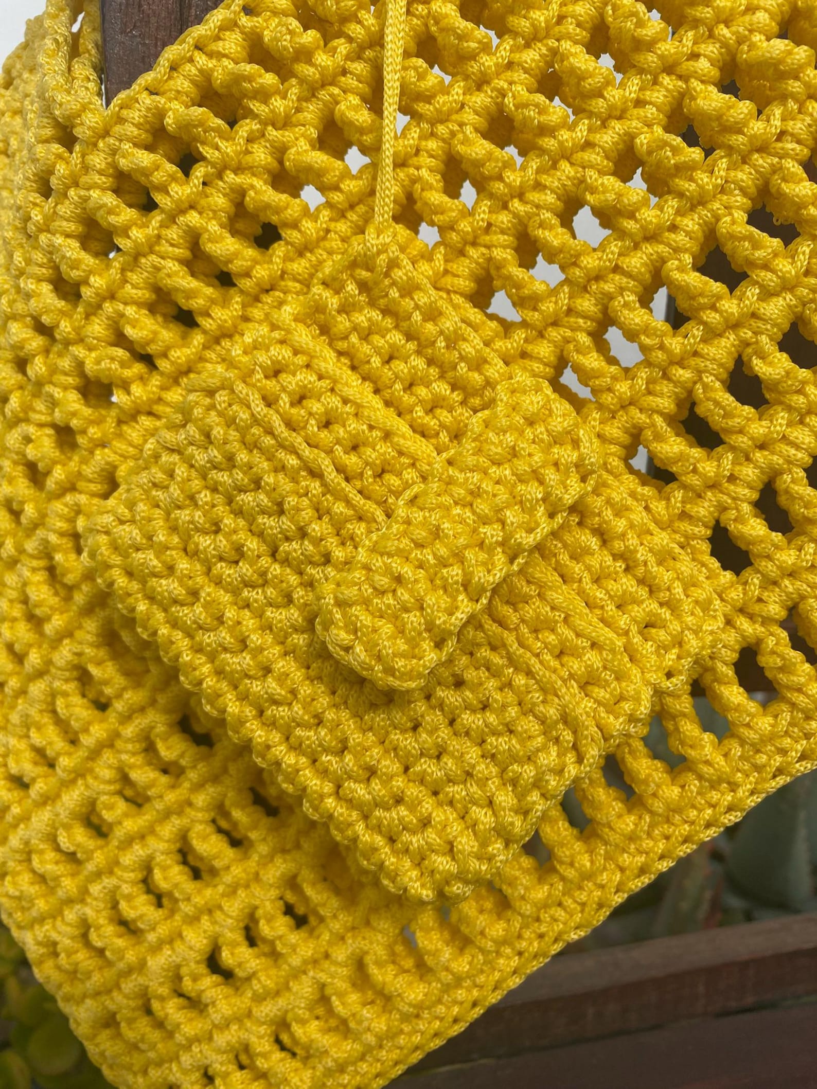 Sunny Yellow Crochet Tote Bag With Mini Pouch - Handmade Mesh Cotton ...