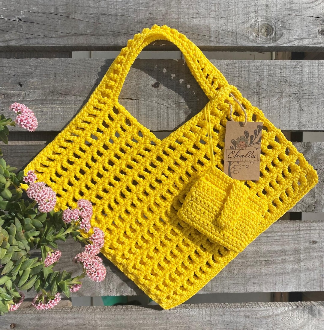 Sunny Yellow Crochet Tote Bag With Mini Pouch - Handmade Mesh Cotton ...