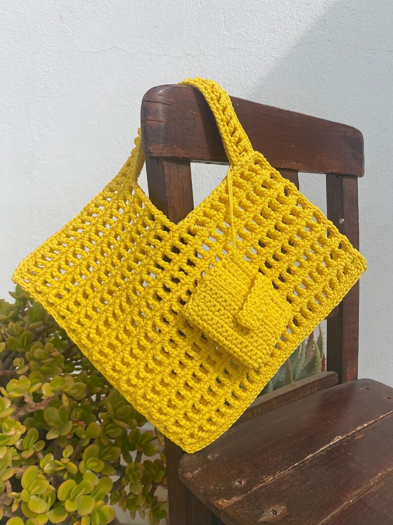 Sunny Yellow Crochet Tote Bag With Mini Pouch - Handmade Mesh Cotton ...