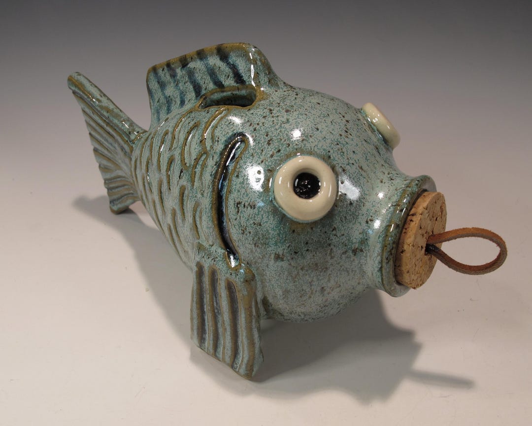 Child Bank Fish Piggy Bank With Cork Stopper Aqua and Navy Handmade ...