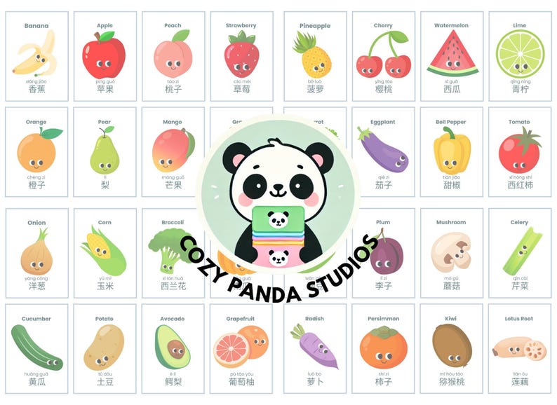 Chinese Printable Fruits and Veggies Flashcards With Pinyin and Chinese ...