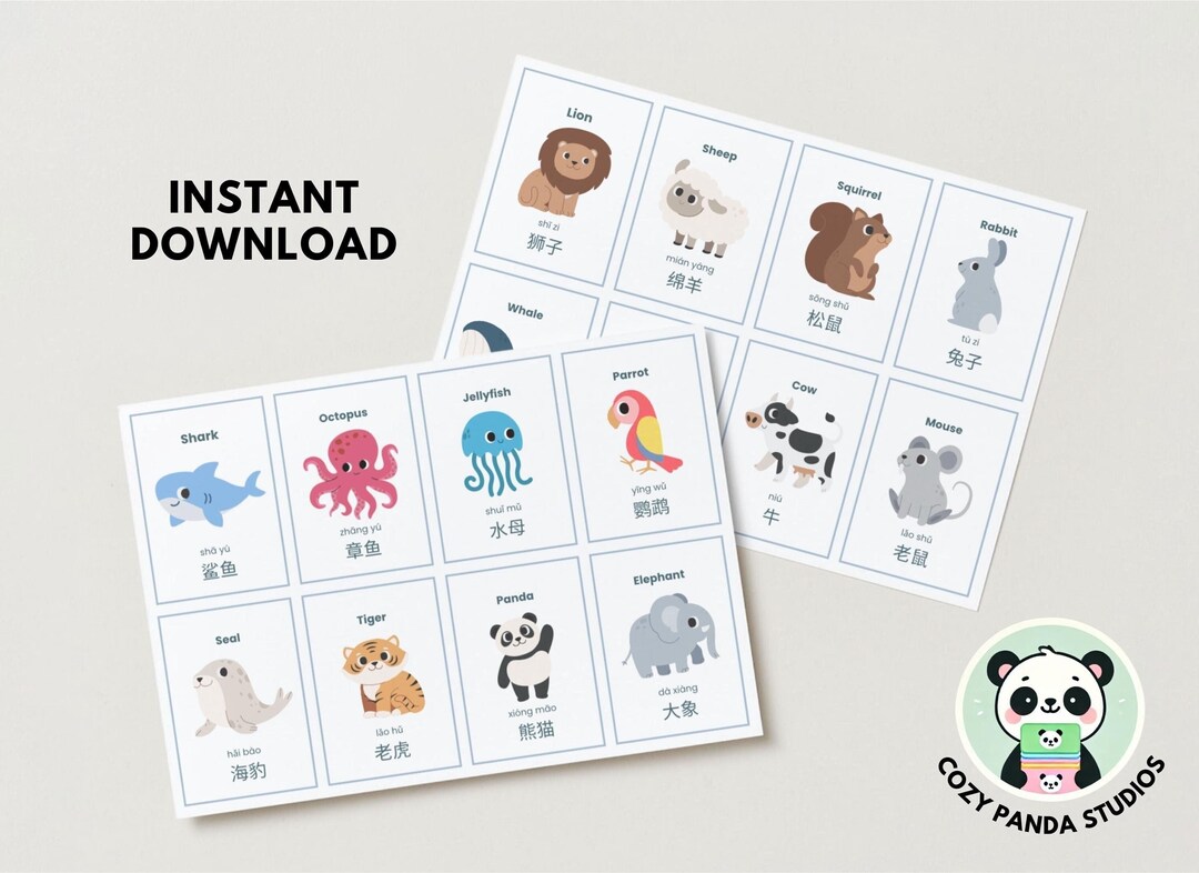 Chinese Printable Animal Flashcards With Pinyin and Chinese Characters ...